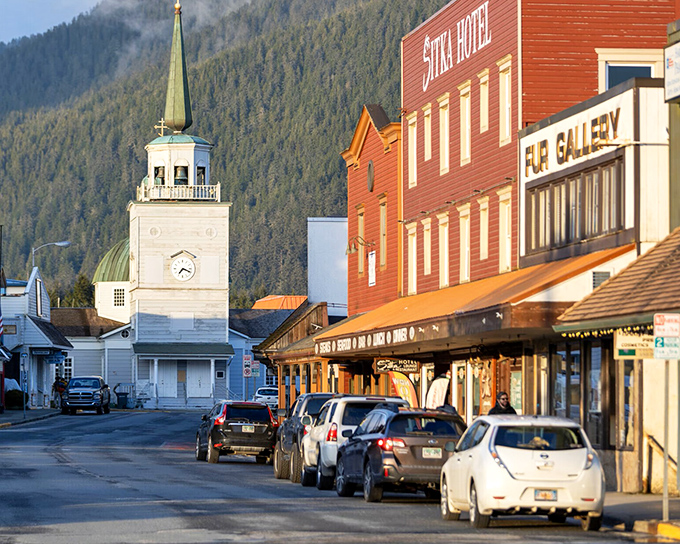 Historic Lincoln Street serves as Sitka's living museum, where the iconic Sitka Hotel stands as a testament to the town's enduring character.