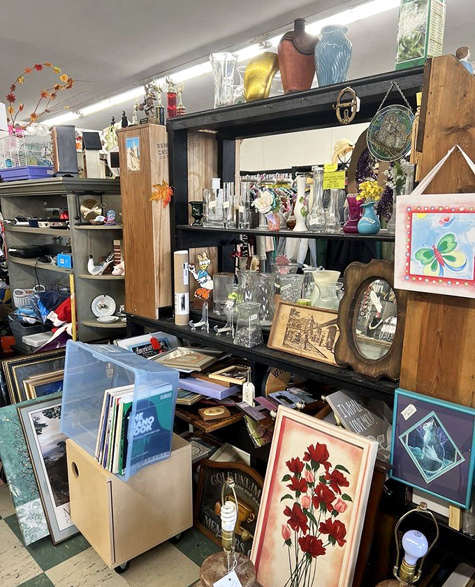 Glass shelves showcase everything from crystal vases to framed artwork, creating a museum of everyday elegance at thrift store prices.