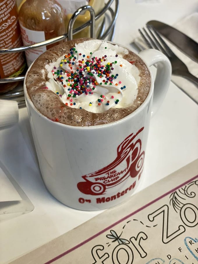 Hot chocolate that doesn't know it's not dessert. Those rainbow sprinkles aren't just decoration&mdash;they're permission to start your day with joy.