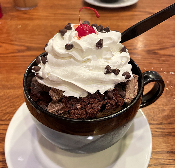 This hot fudge brownie creation isn't just breaking the rules of dessert—it's rewriting them with whipped cream punctuation and chocolate chip footnotes.