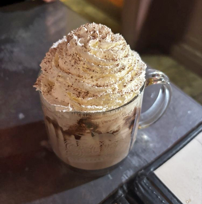 Hot chocolate that's more sculpture than beverage. That whipped cream mountain deserves its own topographical map.