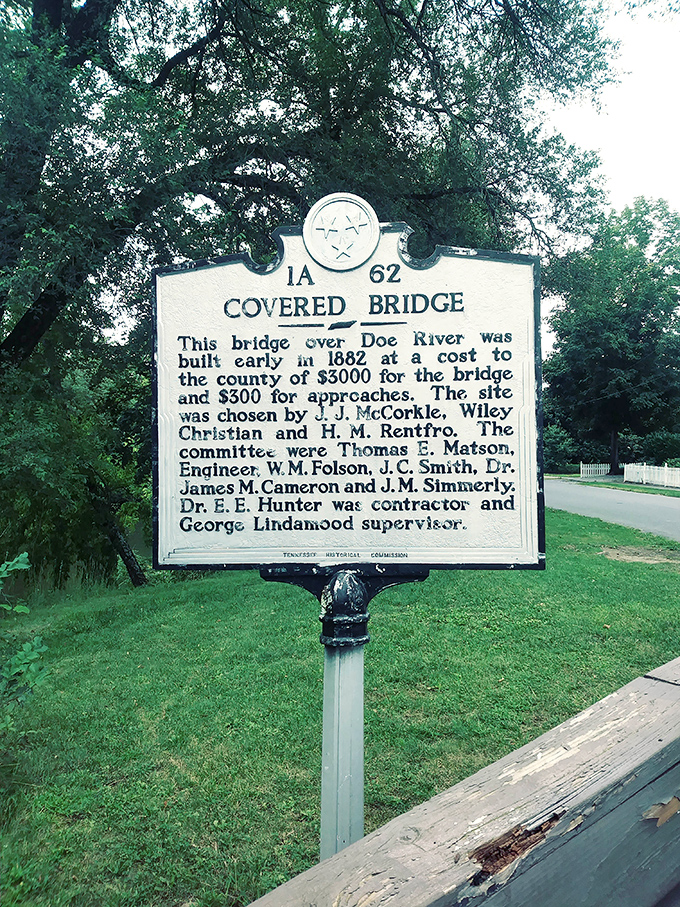 This historical marker reveals the bridge's fascinating origin story&mdash;built in 1882 for just $3,000, which seems like quite the bargain in retrospect.