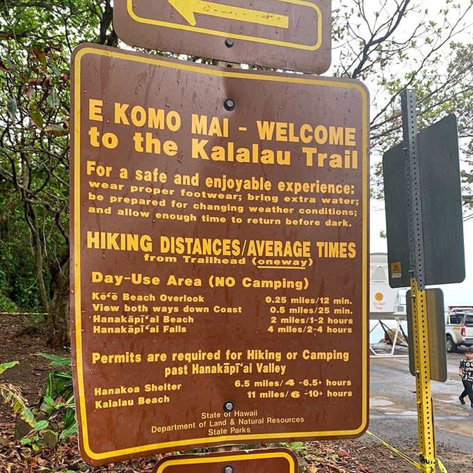 The trailhead sign: Where adventure begins and cell service ends. Consider it Hawaii's version of "Choose Your Own Adventure."