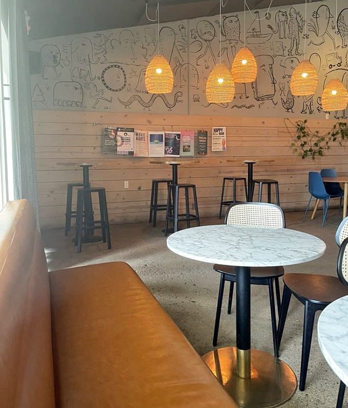 Whimsical wall art and woven pendant lights create a space that's equal parts playful and sophisticated—just like the food and drinks served here.