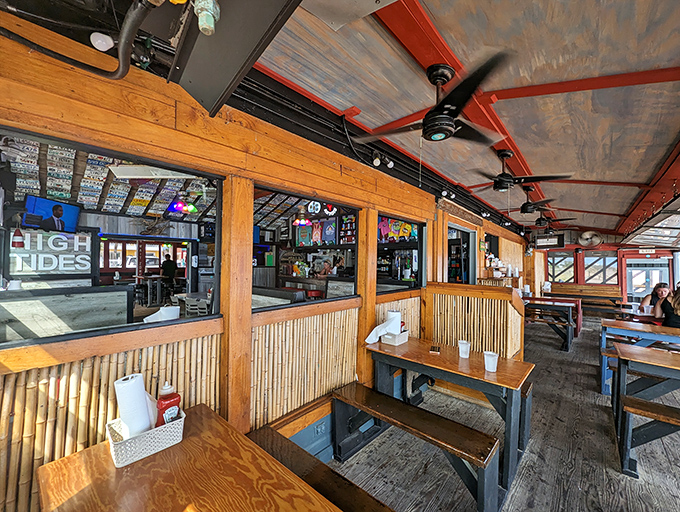Wooden booths and bamboo accents create that perfect "I'm on vacation even though I live 20 minutes away" coastal dining atmosphere.