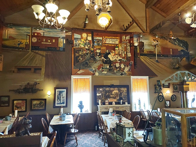 Vaulted ceilings showcase an impressive collection of Americana that turns dinner into a museum visit with better snacks.