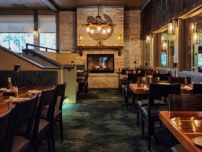 The fireplace adds warmth to an already cozy dining room where memories are made between bites of seafood and those famous rolls.