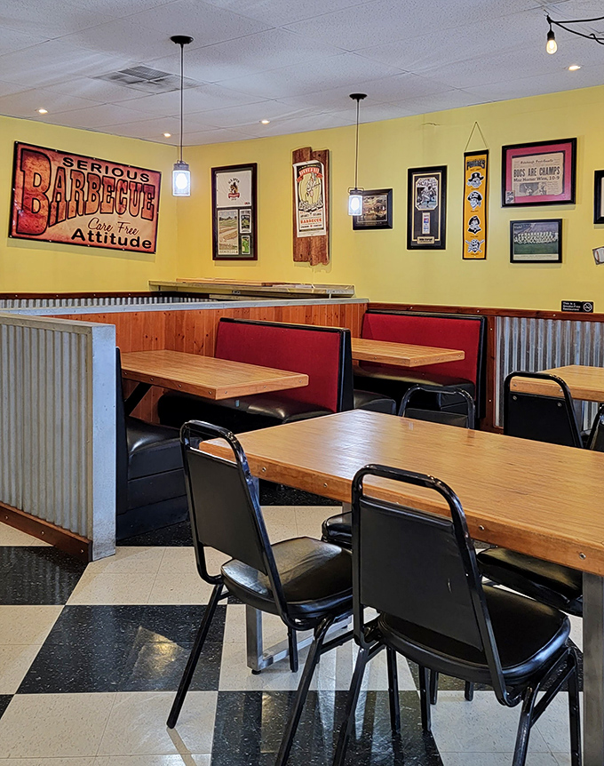 Yellow walls adorned with Pittsburgh sports memorabilia remind you that great barbecue and hometown pride go together like smoke and meat.