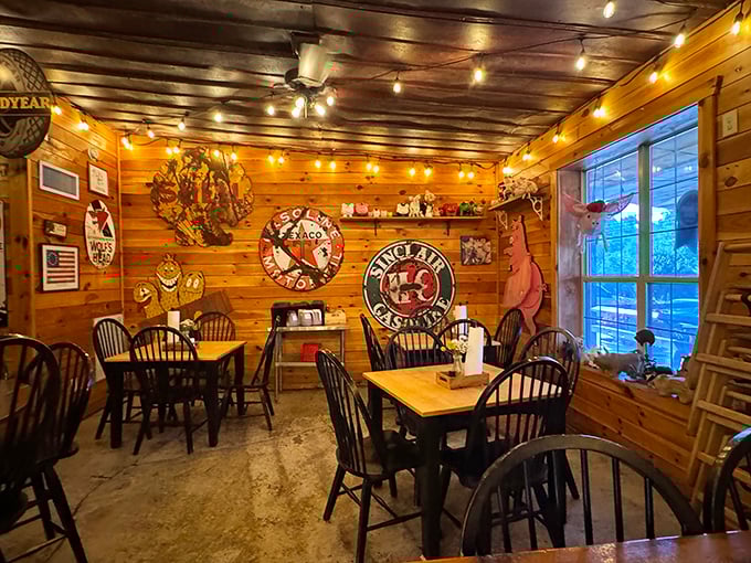 Vintage signs and warm wood create the perfect backdrop for meat-induced euphoria. Like dining in your coolest uncle's cabin – if he were a barbecue savant.