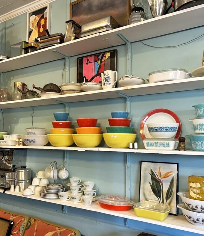 Pyrex bowls in rainbow hues stand at attention like cheerful soldiers. My grandmother had this exact set &ndash; nostalgia comes in technicolor.
