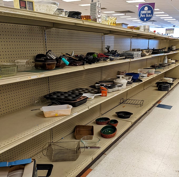 Kitchen essentials abound on these shelves, from barely-used bakeware to cast iron pans that have already been perfectly seasoned.