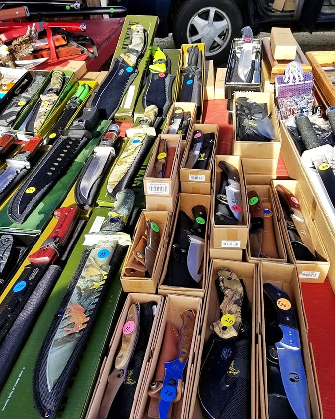 Blade enthusiasts find their happy place among rows of knives. From practical tools to decorative pieces, this display isn't for the faint of heart.