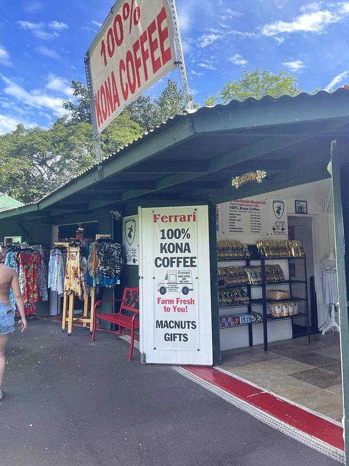 Coffee paradise found! This 100% Kona Coffee stand offers liquid gold that makes your morning supermarket brew taste like sad, watery regret.