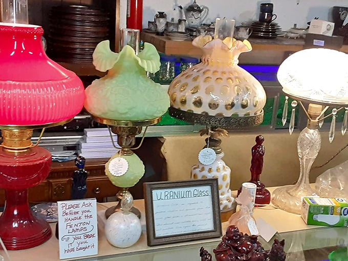 Vintage lighting that would make any antiques dealer swoon. That uranium glass sign suggests these glowing beauties might have secrets of their own.