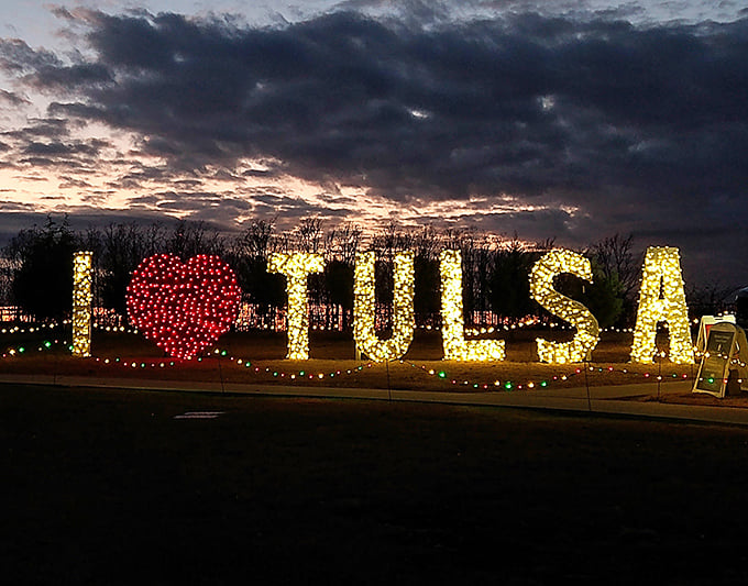 Even after sunset, Tulsa's botanical love affair continues with this illuminated declaration that glows with civic pride.