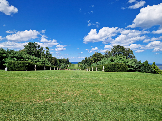 The lawn stretches toward the ocean like nature's own infinity pool, minus the chlorine and plus several acres.