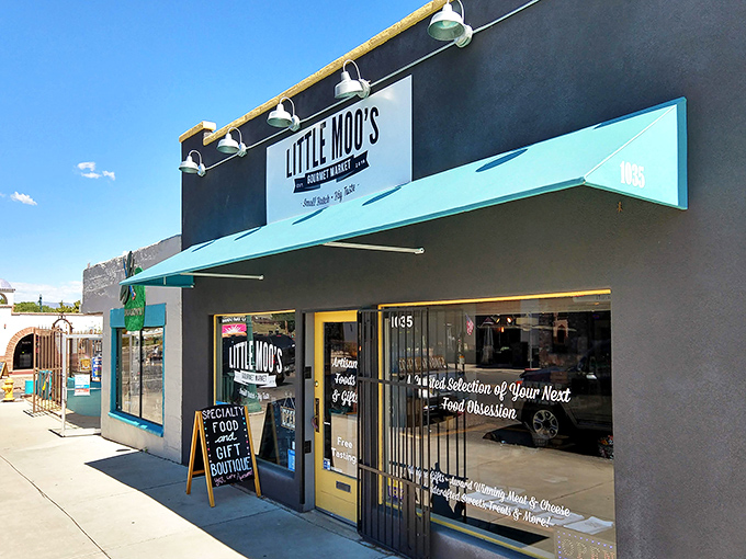 Little Moo's suggests gourmet treats await behind doors that invite curiosity and hungry exploration adventures.