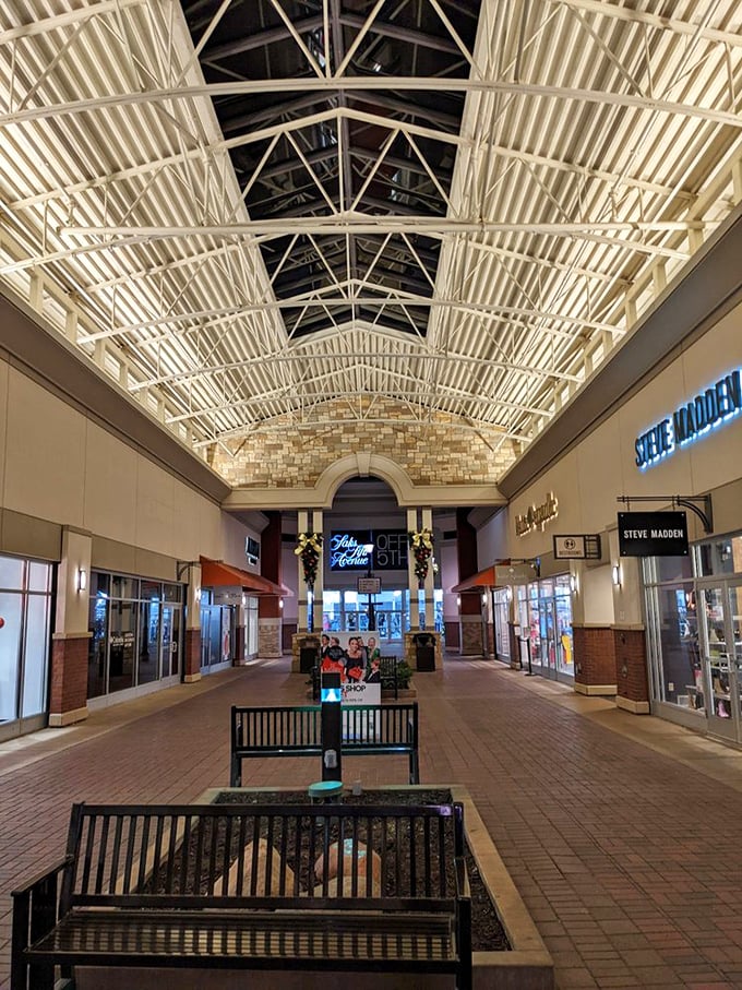 The covered walkway's elegant design proves that hunting for bargains doesn't mean sacrificing architectural appreciation.