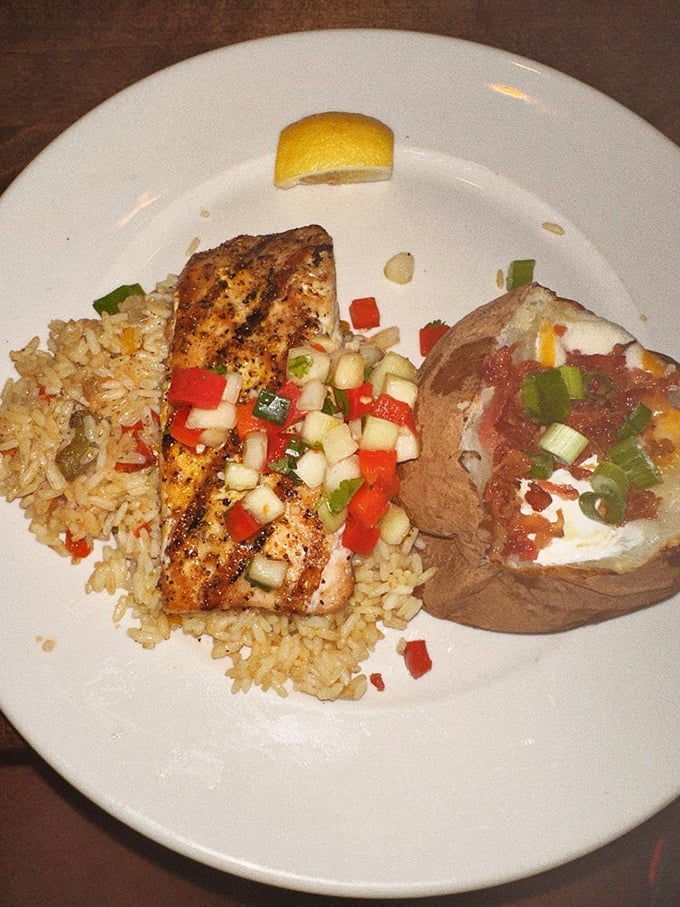 Salmon, rice, and a loaded baked potato &ndash; the holy trinity of "I'm being somewhat responsible while still thoroughly enjoying my dinner."