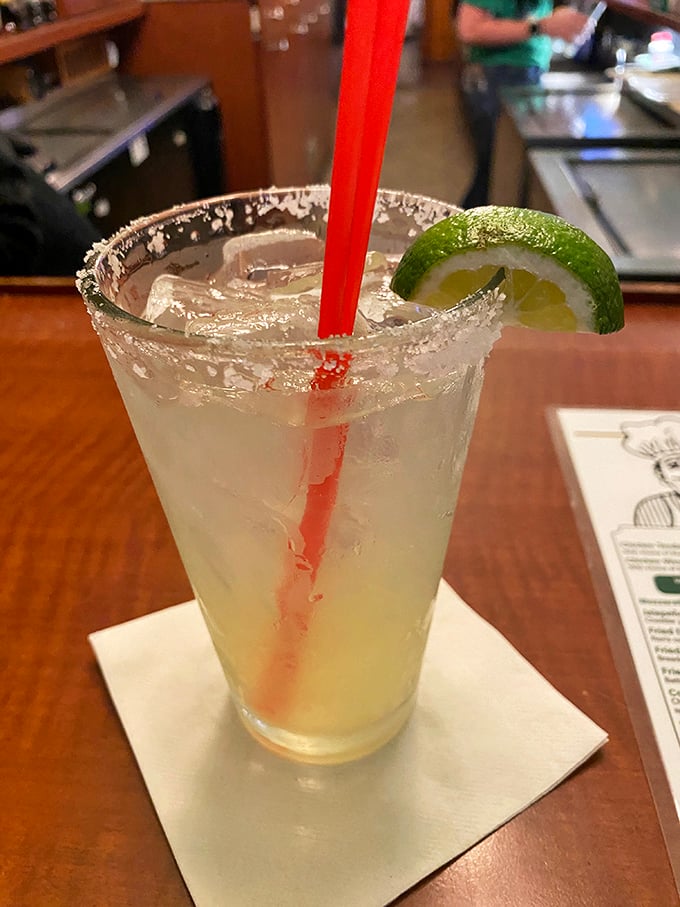 Nothing says "I'm on vacation in my own hometown" like a salt-rimmed margarita with a lime wedge perched on the edge like it's enjoying the view too.