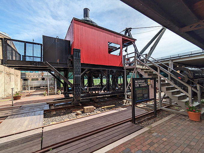 This impressive red log loader demonstrates how railroads and logging industries partnered to harvest Minnesota's forests, one timber at a time.