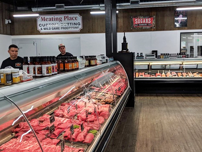 Behind glass, the butcher counter reveals the source of the magic—quality meats waiting to fulfill their sandwich destiny.