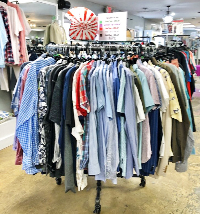 The men's section: where reluctant shoppers become bargain-hunting converts in the time it takes to find a designer shirt at one-third the price.