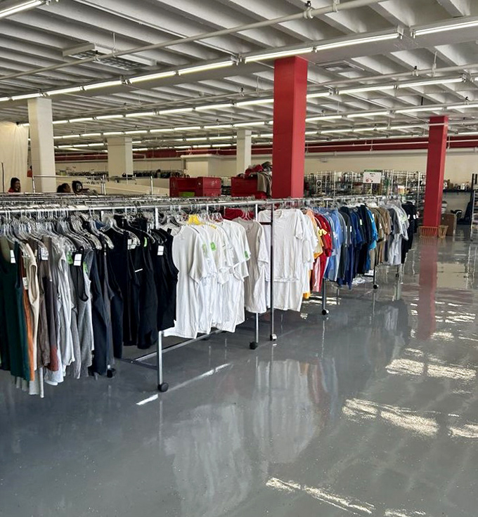 The clothing section stretches like a textile sea&mdash;organized chaos where patience rewards the determined treasure hunter.