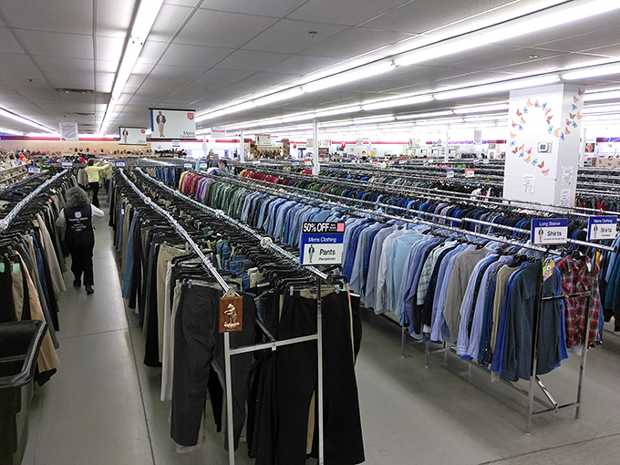 Men's clothing organized with military precision, ready to outfit everyone from weekend warriors to weekday professionals.