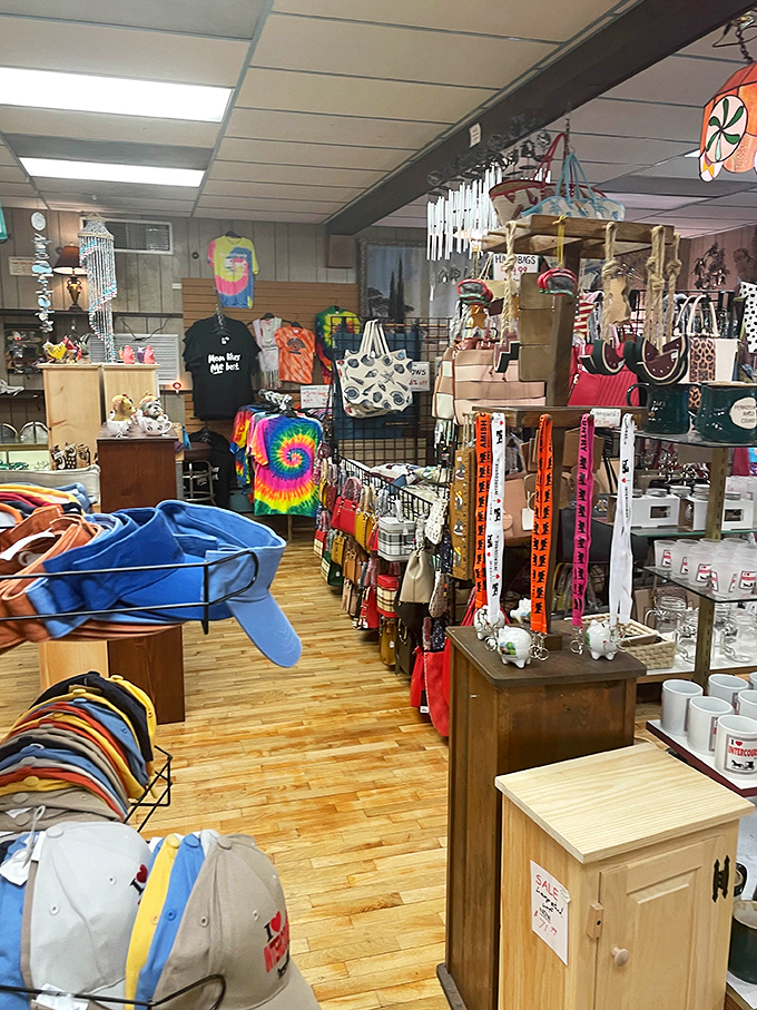 The merchandise area is a kaleidoscope of Amish country keepsakes, where tie-dye meets tradition in the most unexpected retail therapy.