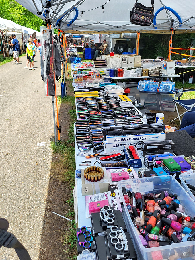 Treasure hunters browse tables overflowing with electronics, and colorful trinkets—a typical Friendship vendor's eclectic inventory awaiting discovery.
