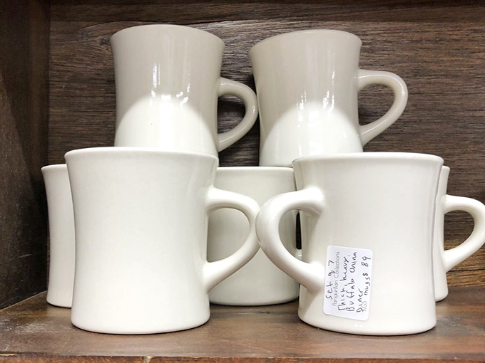 Restaurant-grade diner mugs&mdash;sturdy enough to survive decades and still ready for your morning coffee. Victor's Diner may be gone, but its mugs live on.