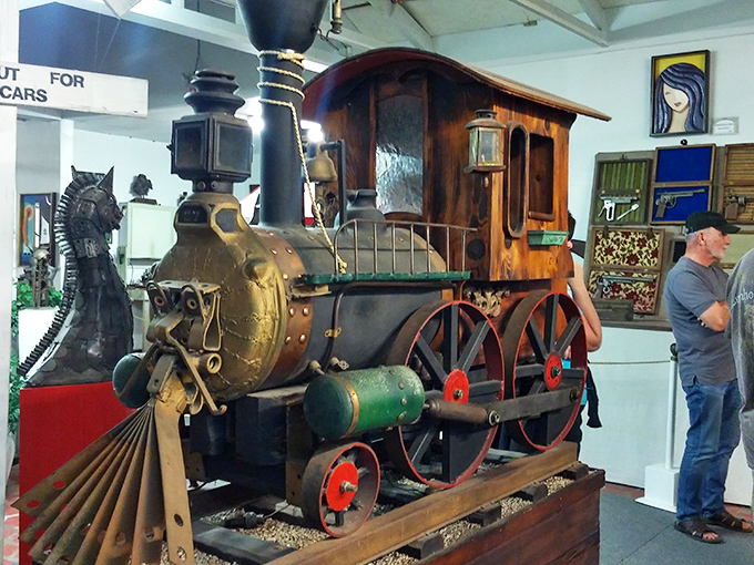 This isn't just any locomotive&mdash;it's a masterpiece of repurposed materials that looks ready to chug right off its display platform.