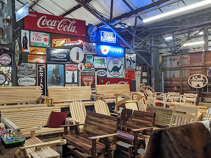 Vintage signage covering every inch transforms a simple space into an Americana museum where everything's surprisingly affordable.