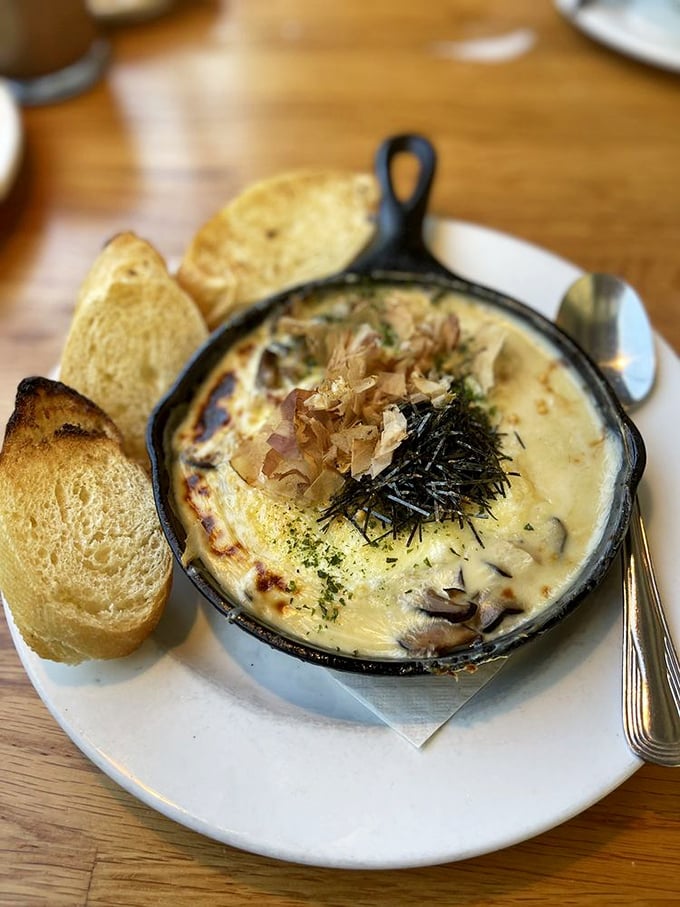 Ohayou Eggs &ndash; a creamy, dreamy skillet that says "good morning" in the universal language of perfectly melted cheese and toasted bread soldiers.