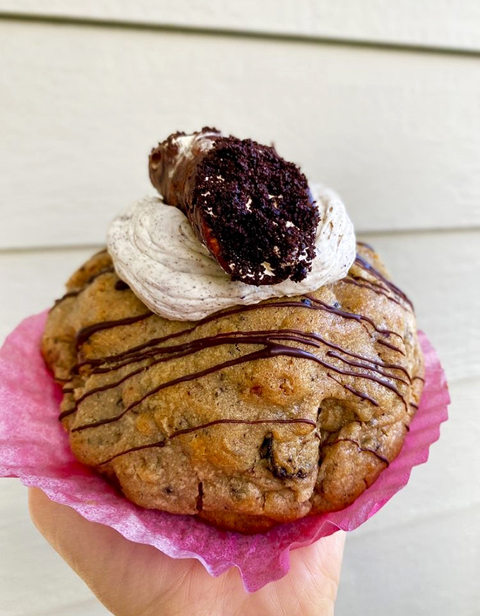 This cookie looks like it's wearing a tiny chocolate hat&mdash;fashion-forward desserts are clearly having a moment in Pennsylvania.