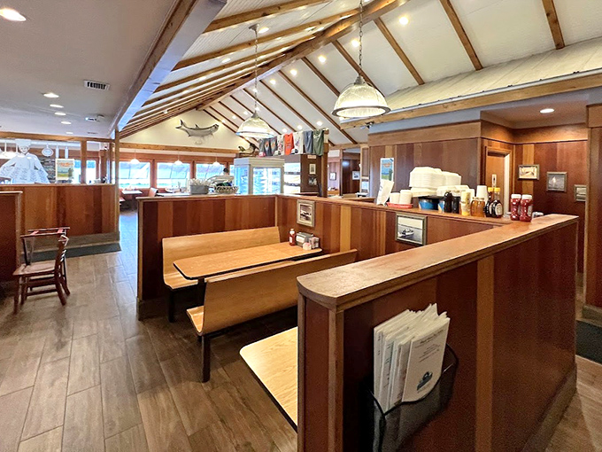 Wooden booths and vaulted ceilings create the perfect setting for the serious business of deciding between pancakes and waffles.