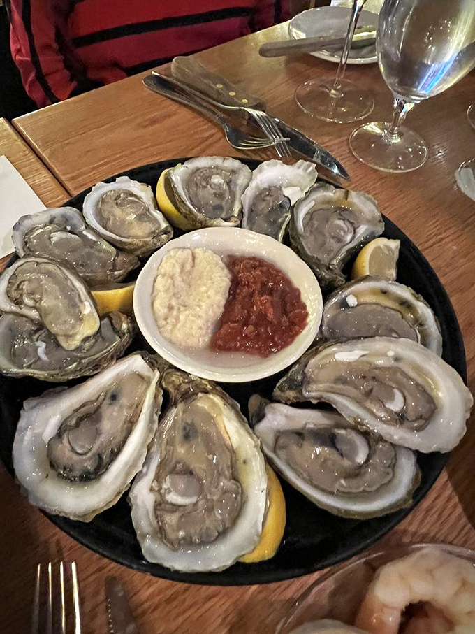 Oysters arranged in a perfect circle, like Neptune himself catered your dinner. The ocean's finest treasures on display.