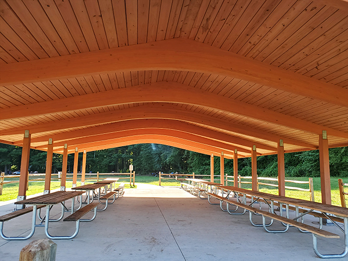 The pavilion's graceful wooden arches provide welcome shade for summer gatherings &ndash; architectural beauty meeting practical purpose.