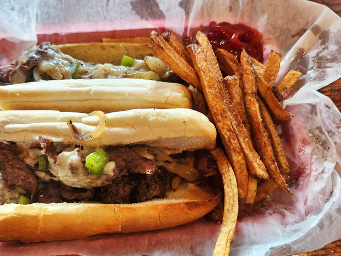 A proper Philly&mdash;meat piled high, cheese melted just right, roll that's both sturdy and yielding&mdash;paired with fries that clearly weren't frozen last Tuesday.