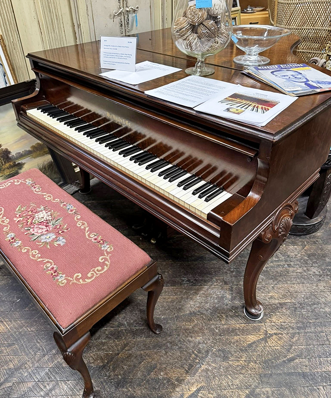 A piano that's witnessed a thousand songs and survived to tell the tale. That embroidered bench has supported generations of reluctant recitals.