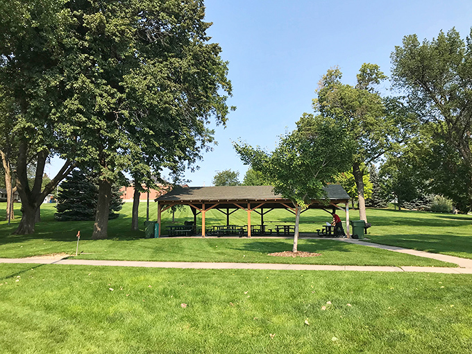 Classic park pavilions like this one have hosted countless family reunions, birthday parties, and conversations that solved absolutely nothing but felt important.