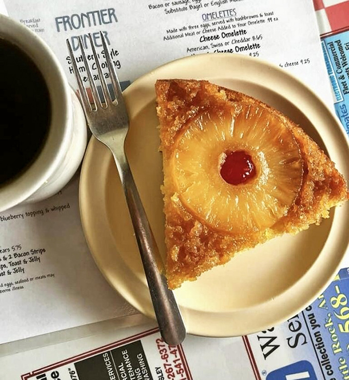 Pineapple upside-down cake that tastes like your childhood even if your childhood never included it. Time travel for $3.95.