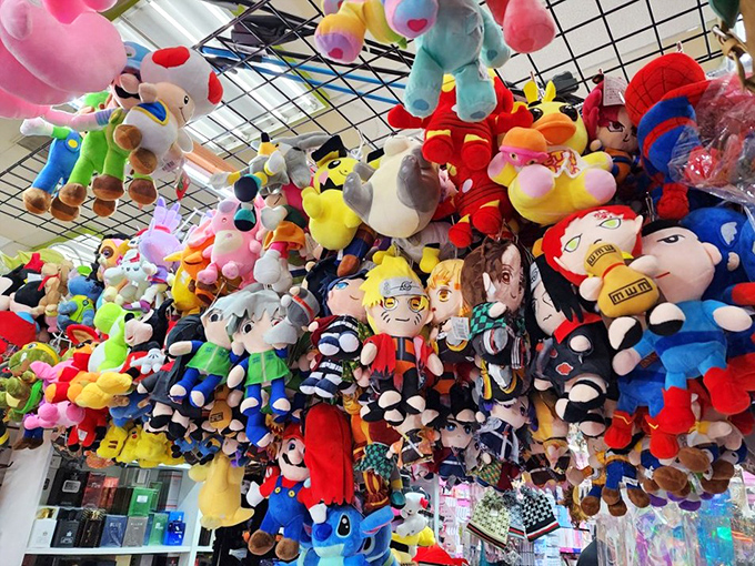 Plush toy paradise where childhood dreams hang out together. Spot your favorite cartoon character among this cuddly crowd of colorful companions. 