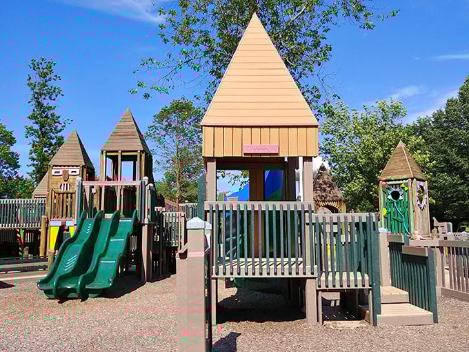 Plymouth Park's playground towers like a child's fantasy kingdom, where slides become dragon escapes and every tower holds the promise of adventure.
