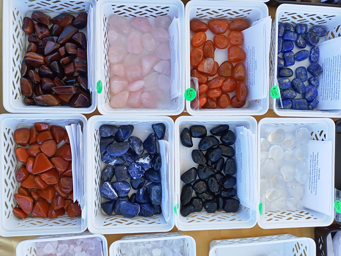 Nature's jewelry box spilled open. These polished gemstones in every color imaginable wait to become someone's pocket treasure or the centerpiece of homemade jewelry.