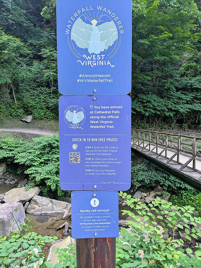 Part of West Virginia's Waterfall Trail, this sign offers more than directions&mdash;it's practically an invitation to a natural party.