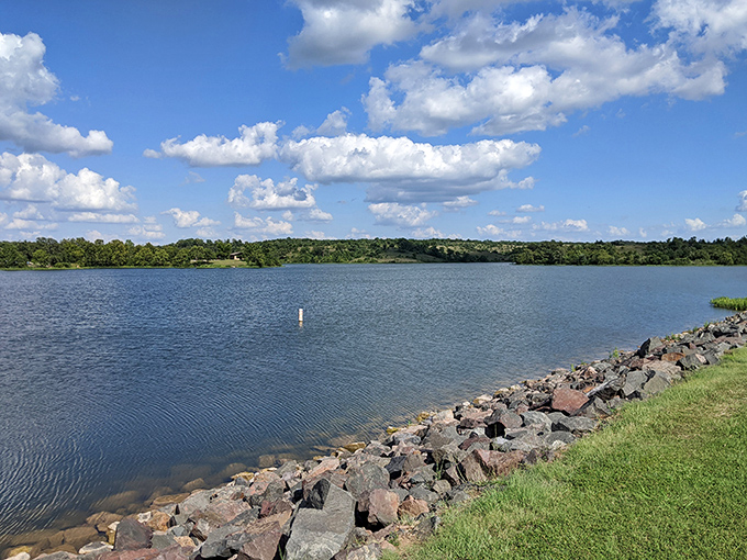 Veterans Lake shimmers under Oklahoma's famous big sky, proving that not all of the state's beauty is underground with the oil.