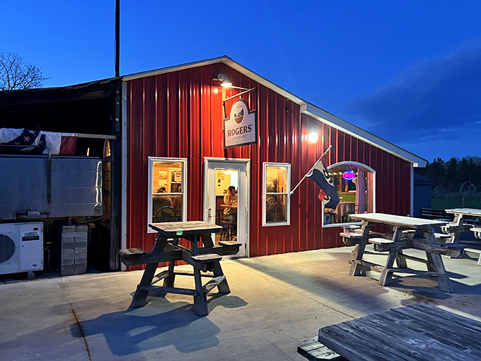 Rogers' Cideryard glows with promise at dusk, a beacon of apple-based delights that makes you wonder why you ever wasted time at big-box stores.