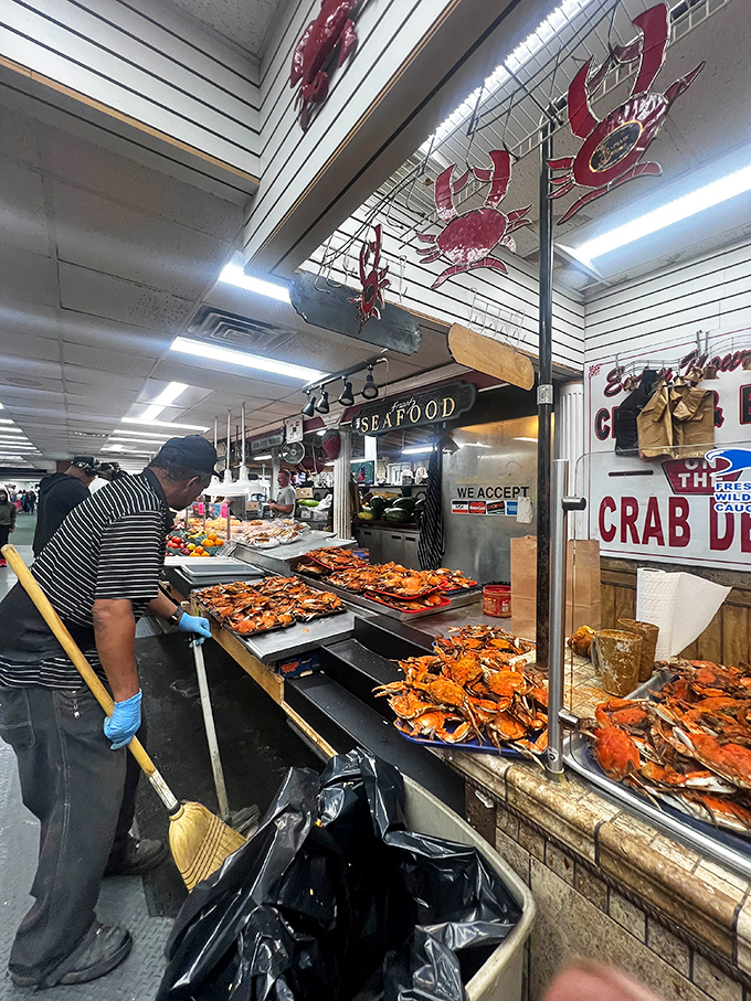 Maryland's famous crabs take center stage, their bright orange shells a siren call to seafood lovers seeking that authentic Chesapeake flavor. 